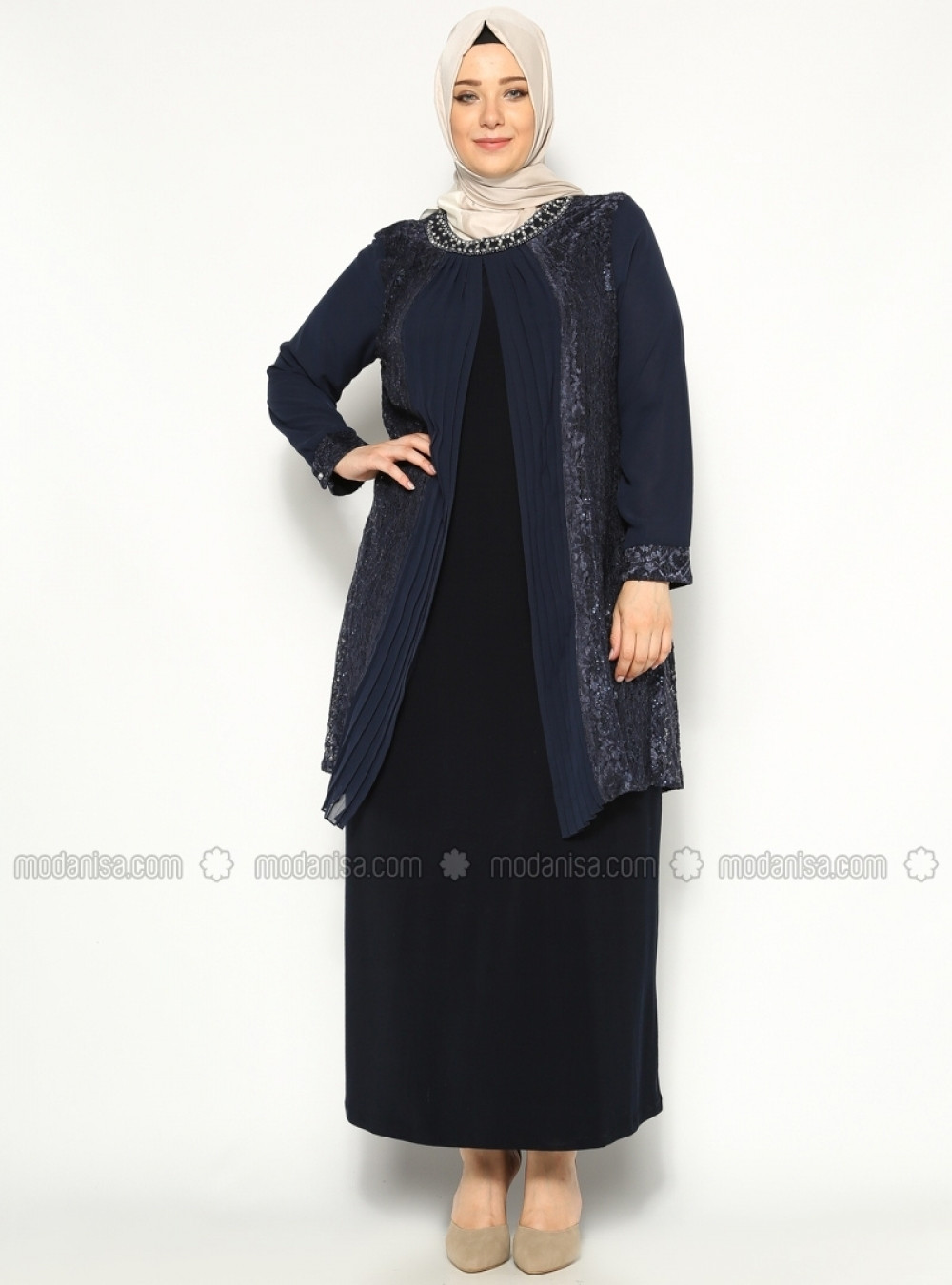 Vigane Bisiklet Yaka Lacivert Dantelli Abıye Elbıse | Ehl-i Tesettür