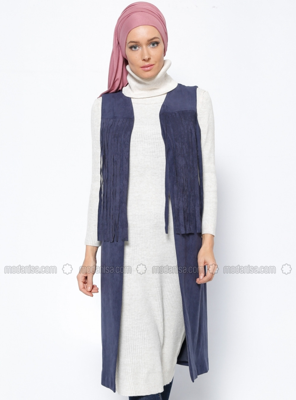 MİSS VAQA Püskül Detaylı Mavi Yelek | Ehl-i Tesettür