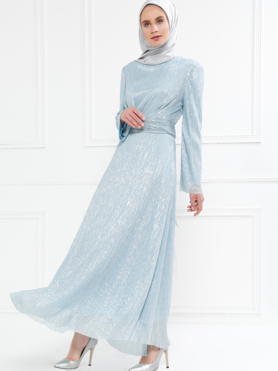 Refka Pile Detaylı Simli Mavi Elbise | Ehl-i Tesettür