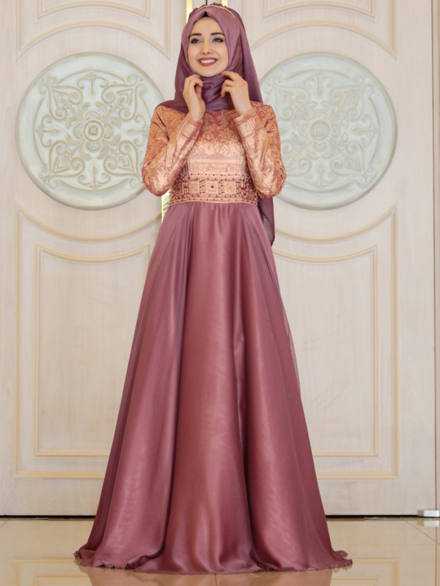 Gamze Özkul İnci İşlemeli Bakır Gül Kurusu Abiye Elbise | Ehl-i Tesettür