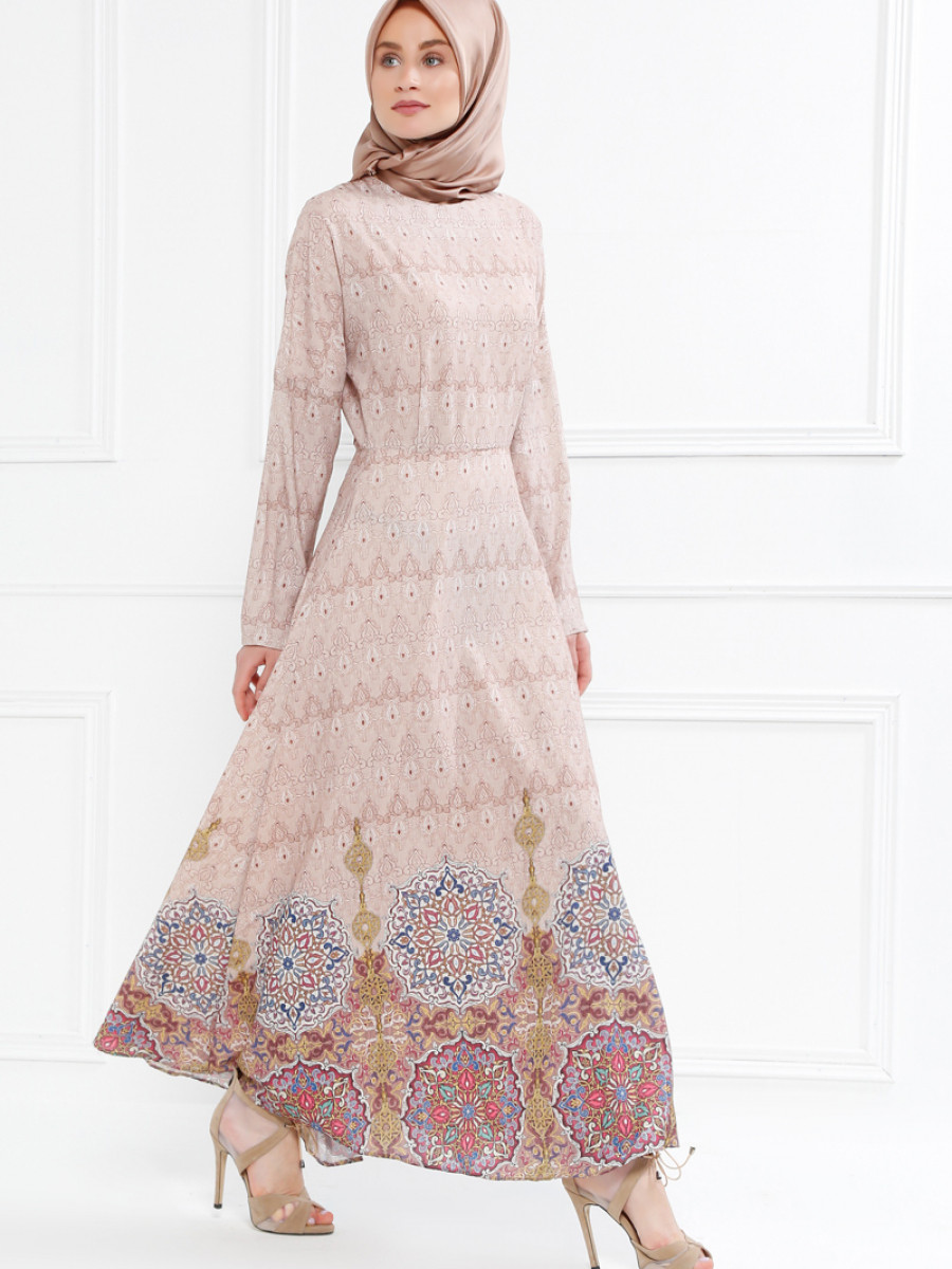 Refka Desenli Bej Elbise | Ehl-i Tesettür
