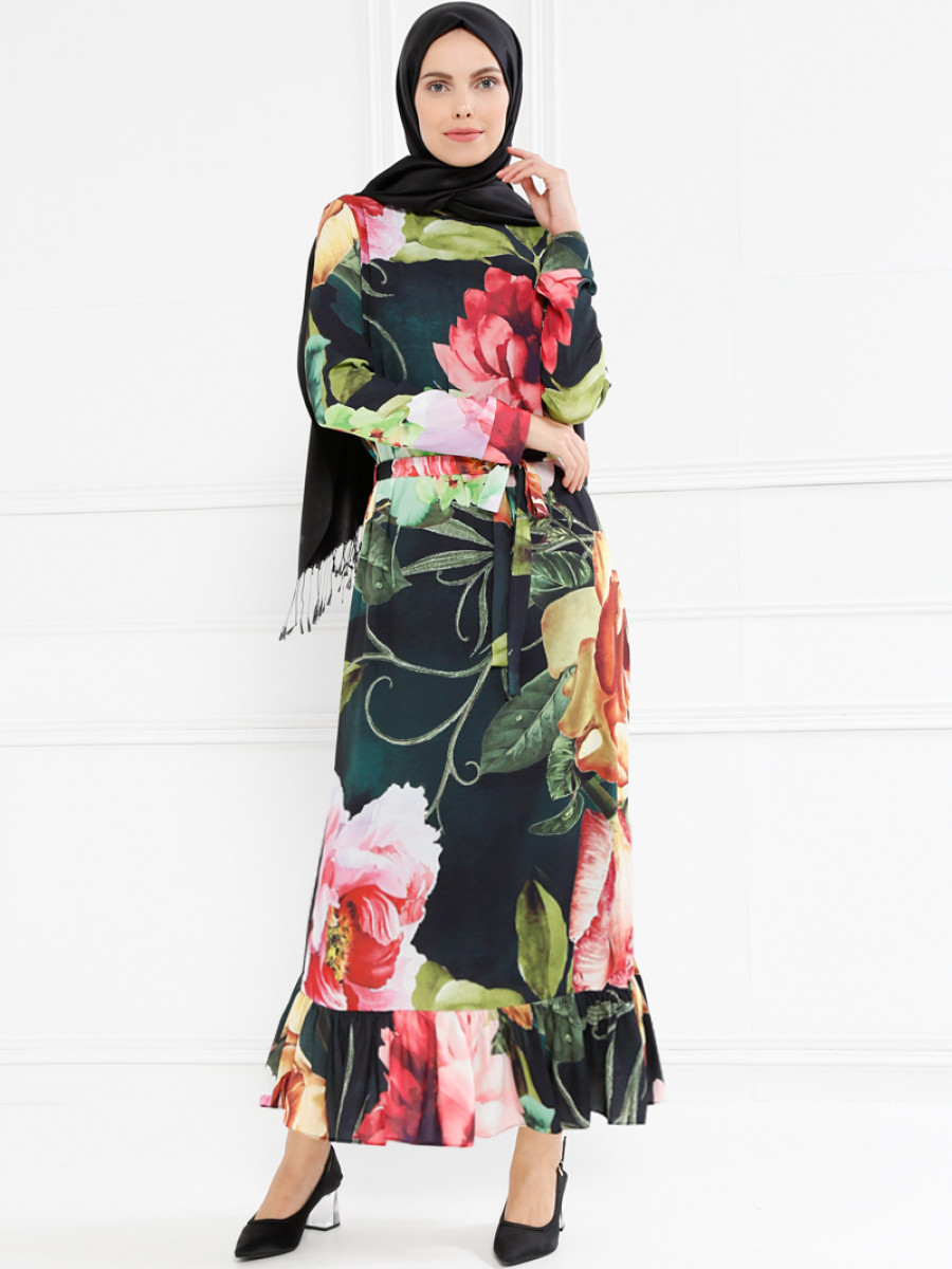 Refka Volan Detaylı Çiçekli Siyah Elbise | Ehl-i Tesettür