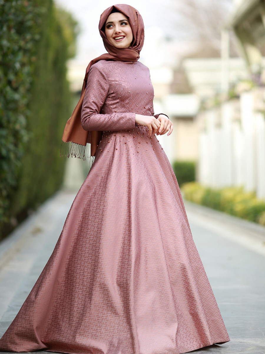 Gamze Özkul İnci Brokar Koyu Gül Kurusu Abiye Elbise | Ehl-i Tesettür
