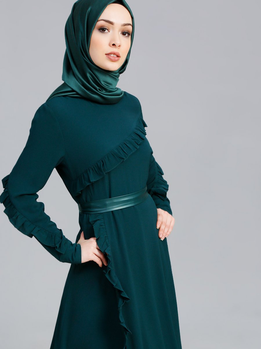 Refka Fırfır Detaylı Petrol Elbise | Ehl-i Tesettür