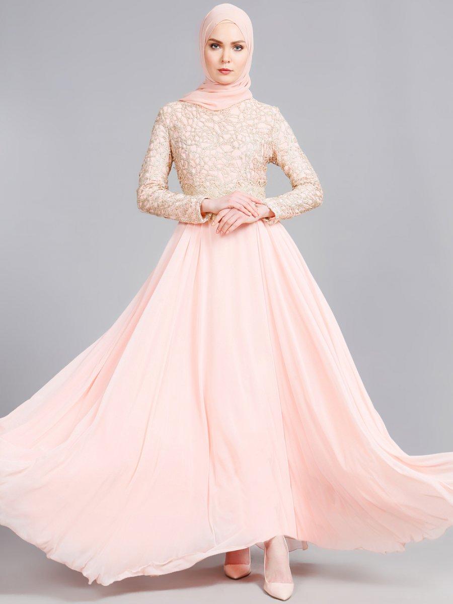 Refka Güpürlü Pudra Abiye Elbise | Ehl-i Tesettür