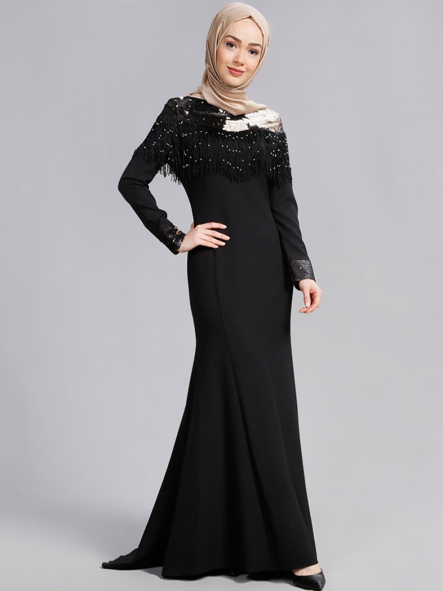 Refka Püskül Detaylı Payetli Siyah Gold Abiye Elbise | Ehl-i Tesettür
