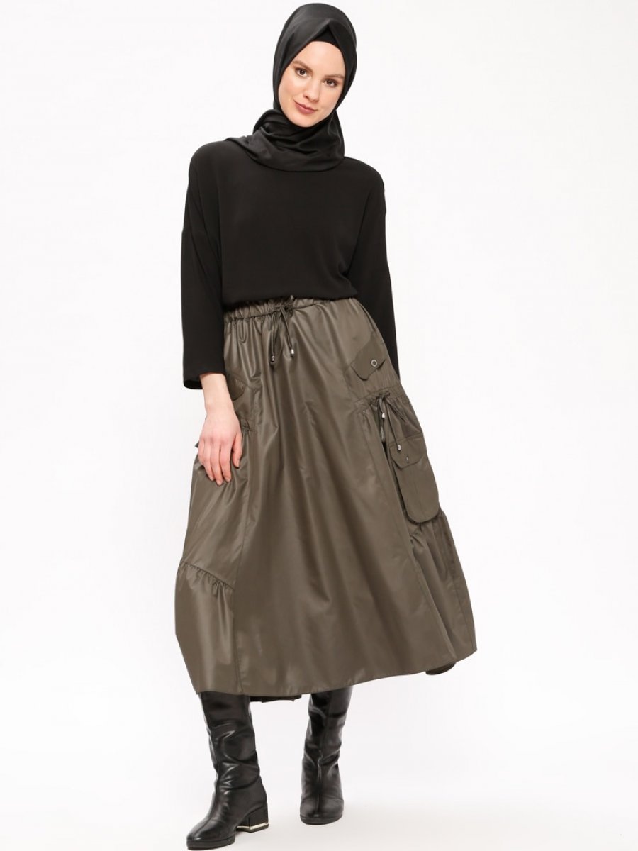 Mileny Beli Lastikli Haki Etek | Ehl-i Tesettür