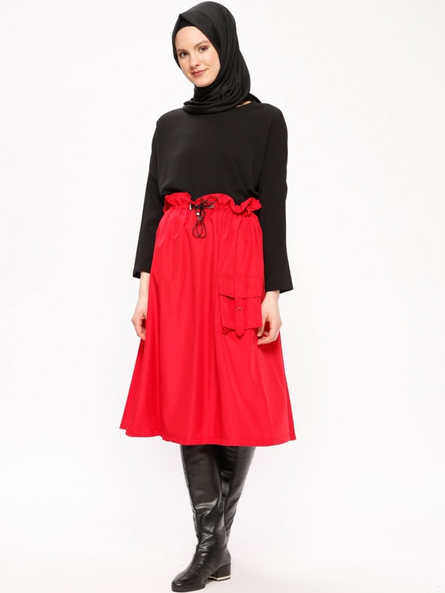 Mileny Beli Lastikli Kırmızı Etek | Ehl-i Tesettür