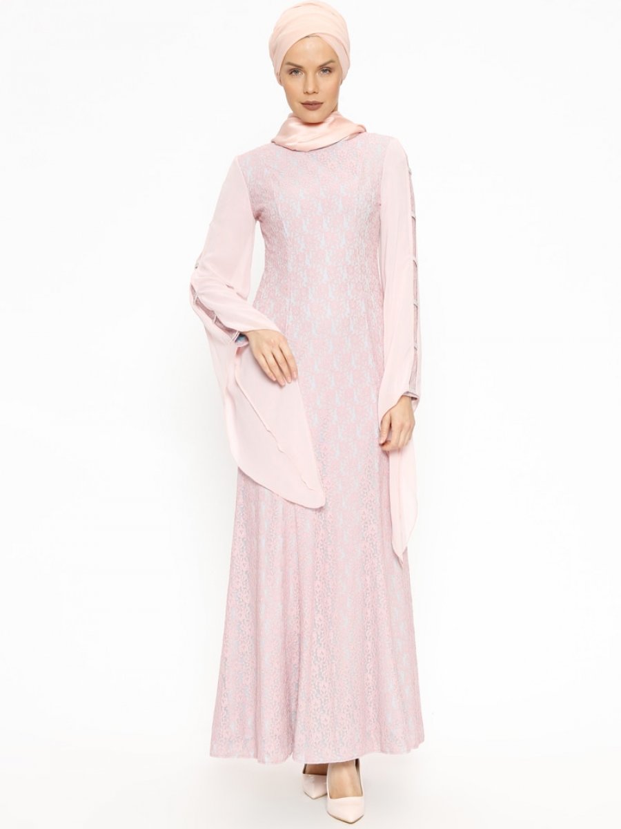 Butik Neşe Kolları Taş Detaylı Dantelli Gül Kurusu Abiye Elbise | Ehl-i ...