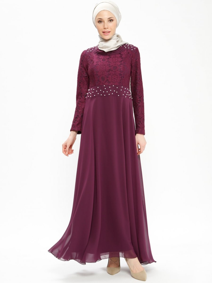 Butik Neşe İnci Detaylı Dantelli Mürdüm Abiye Elbise Ehl I Tesettür