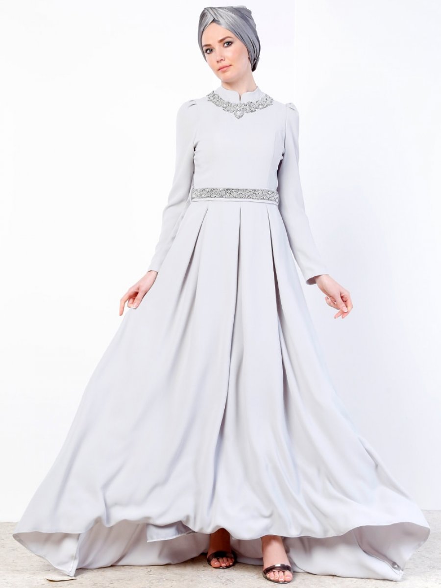 Refka Taş&Boncuk İşlemeli Gri Abiye Elbise | Ehl-i Tesettür