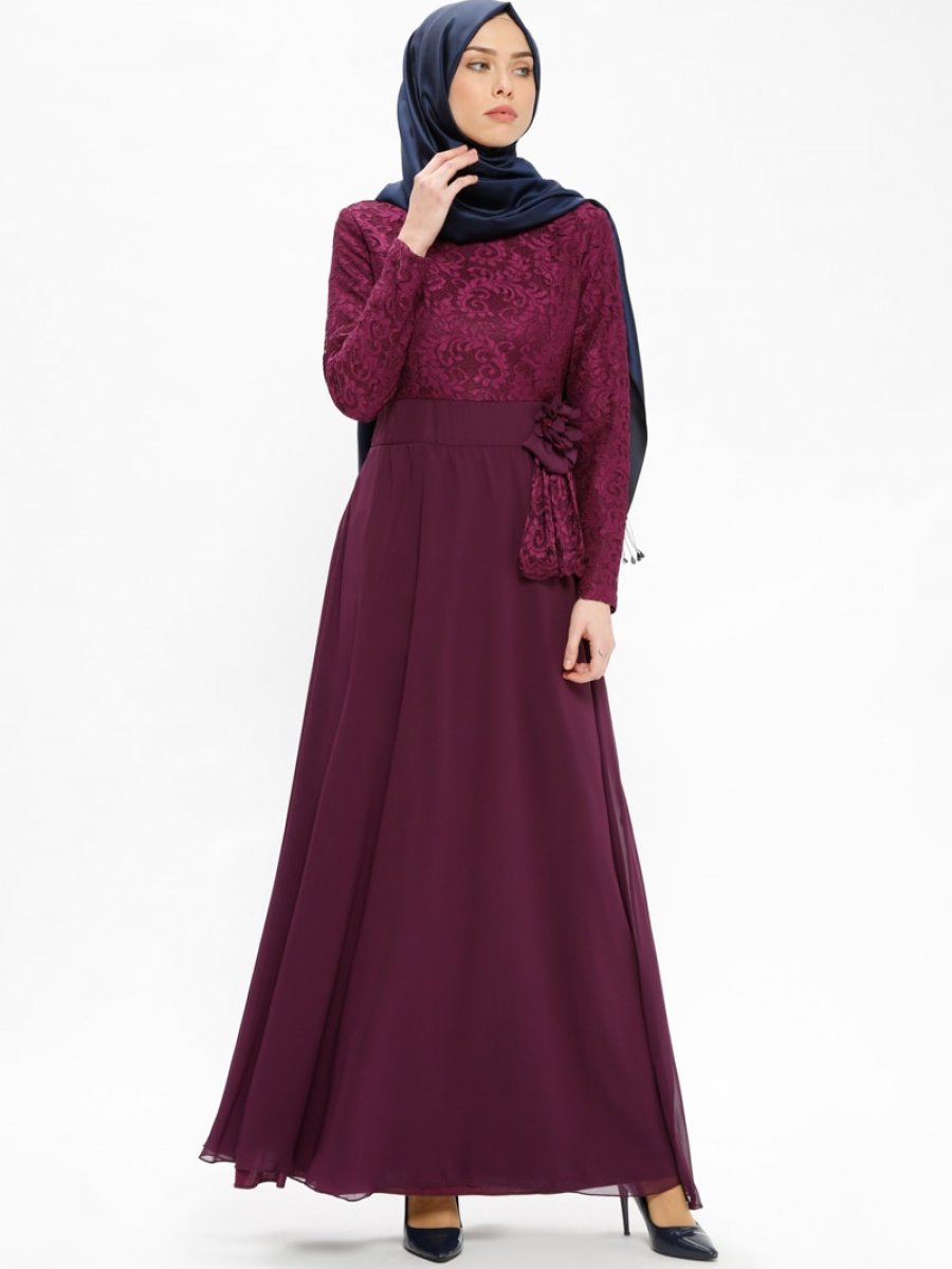 Butik Neşe Üstü Dantel Altı Şifon Gül Detaylı Mürdüm Abiye Elbise | Ehl ...