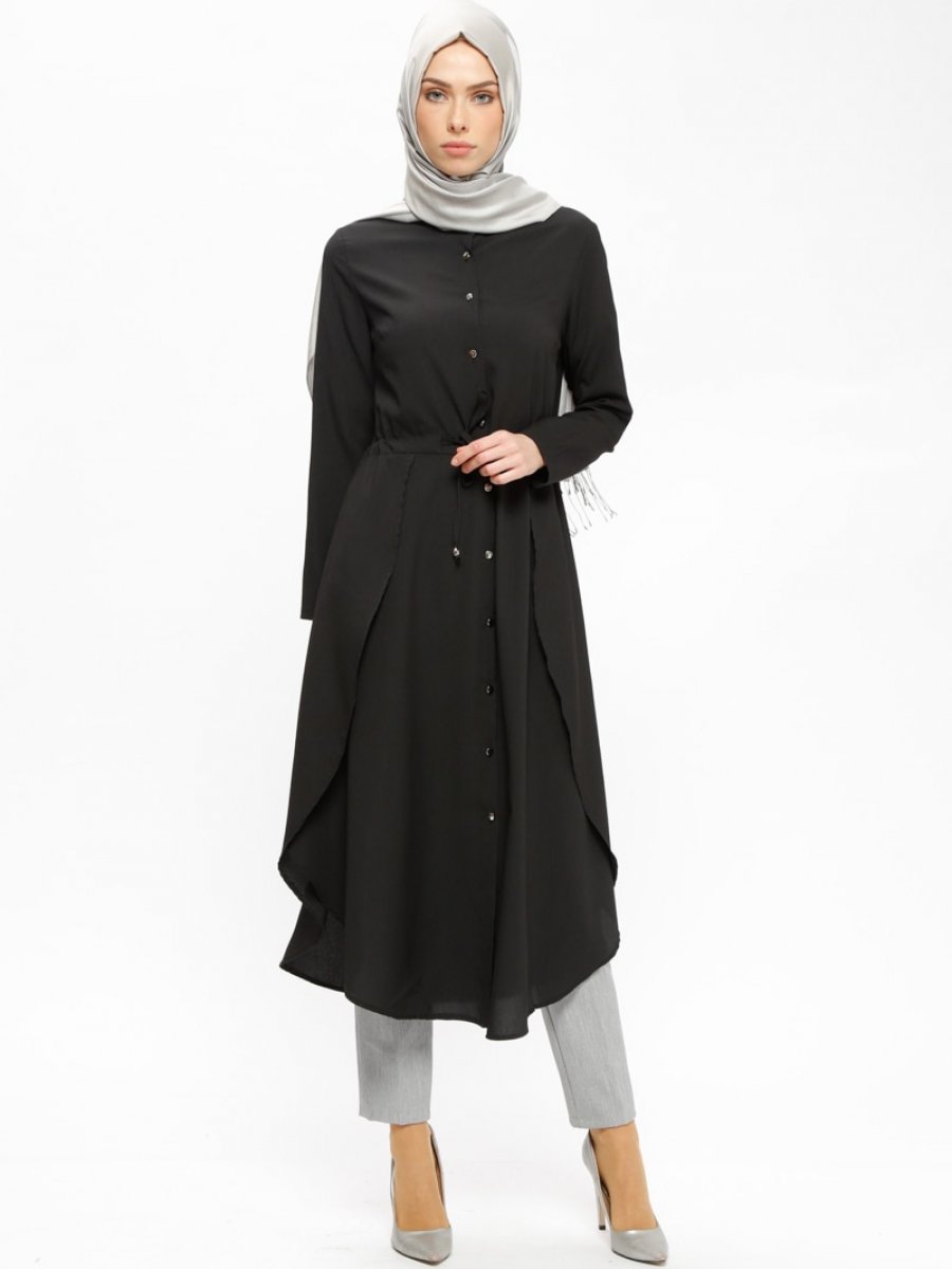 AKABE MODA Beli Bağcıklı Siyah Tunik | Ehl-i Tesettür