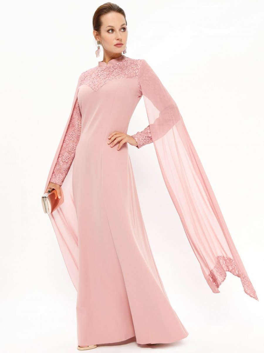 Butik Neşe Dantel Detaylı Gül Kurusu Abiye Elbise | Ehl-i Tesettür