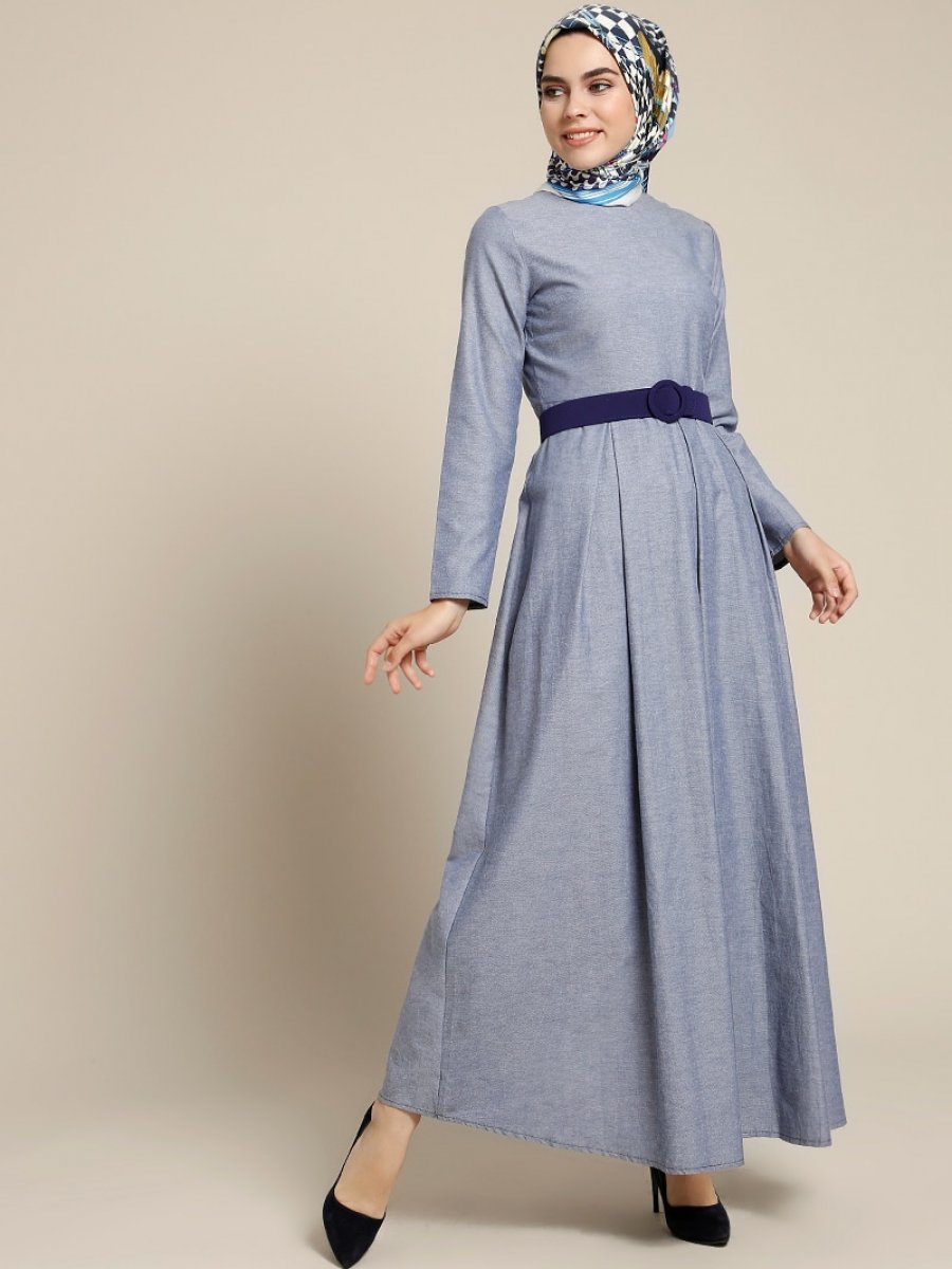 Refka Pile Detaylı Lacivert Elbise | Ehl-i Tesettür