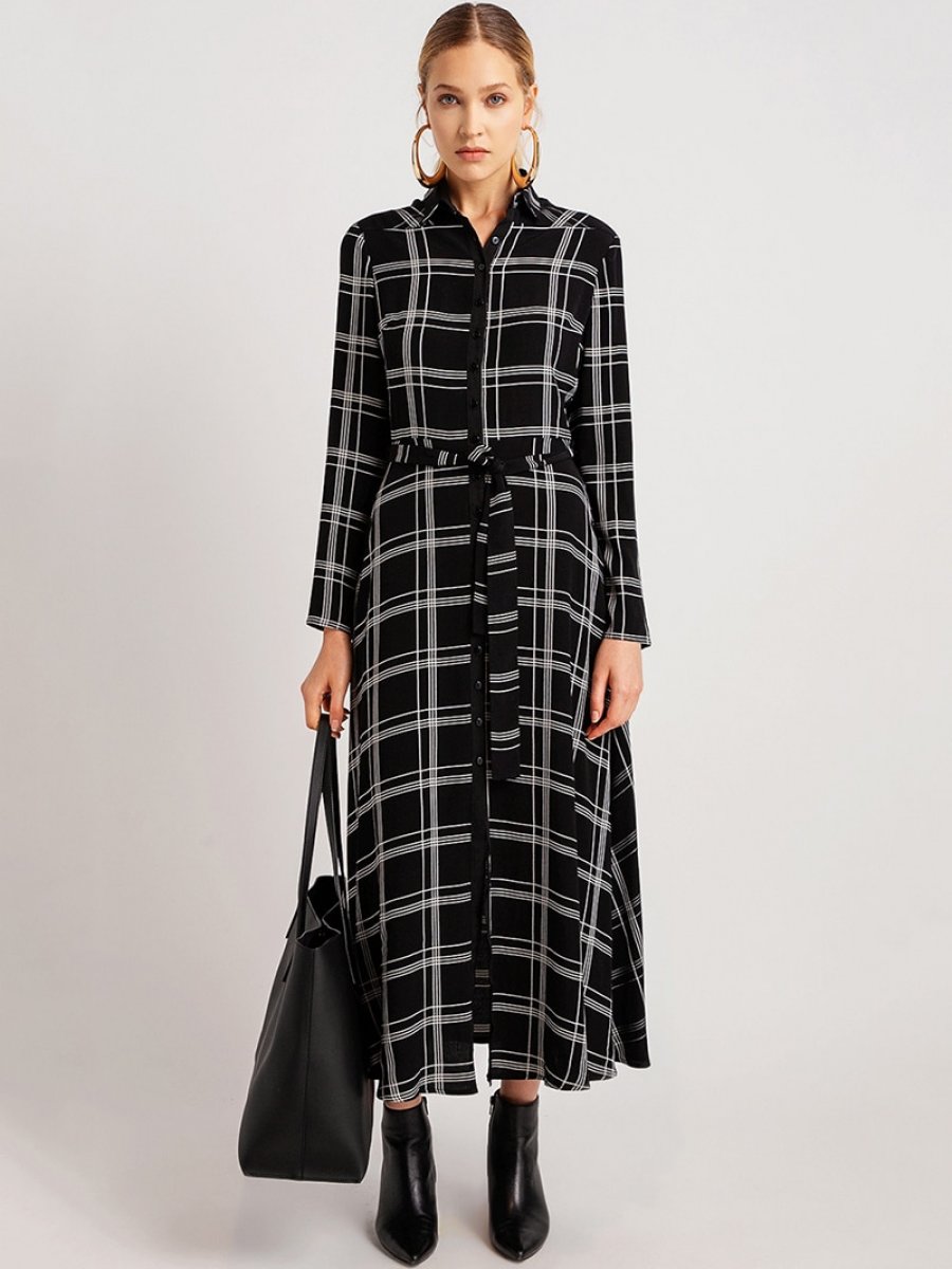 NG Style Ekose Siyah Beyaz Elbise | Ehl-i Tesettür