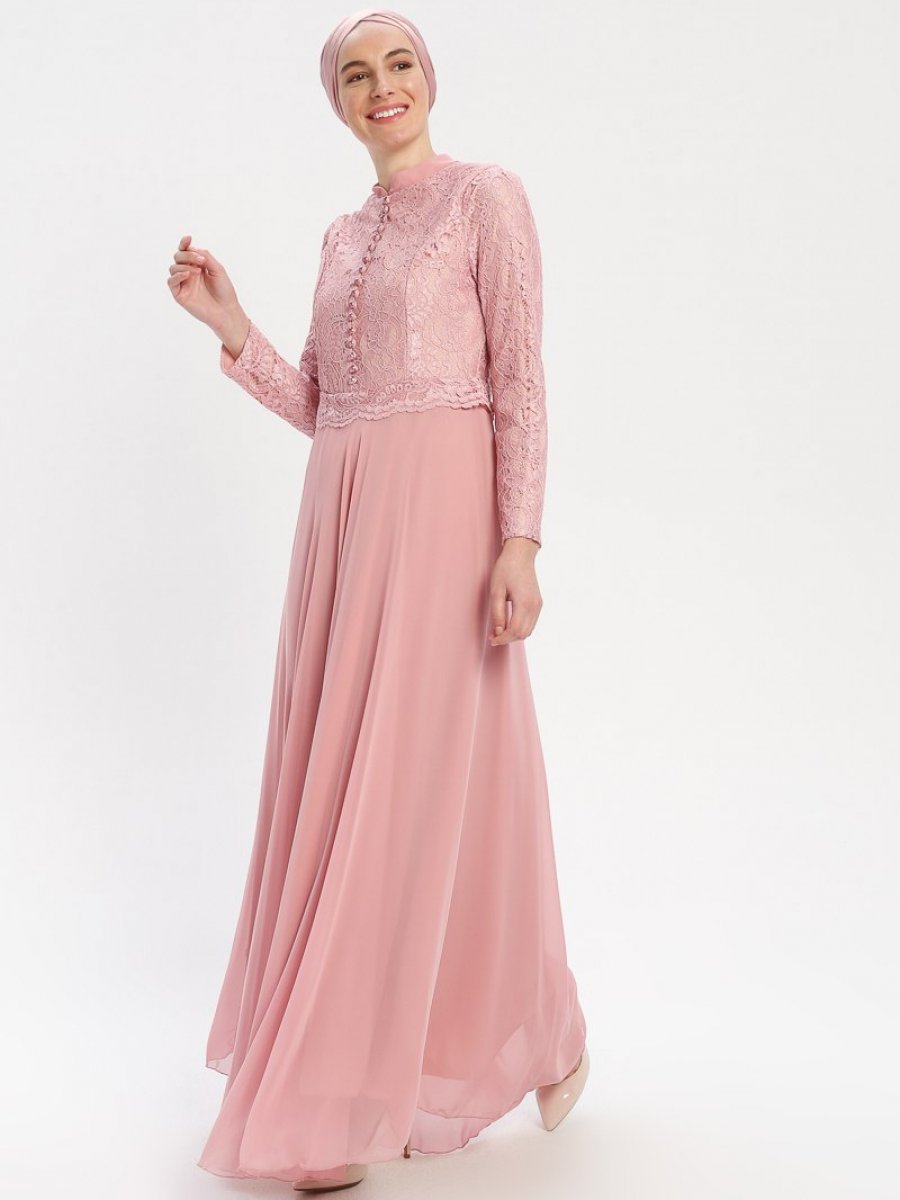 Butik Neşe Dantel Detaylı Gül Kurusu Abiye Elbise | Ehl-i Tesettür