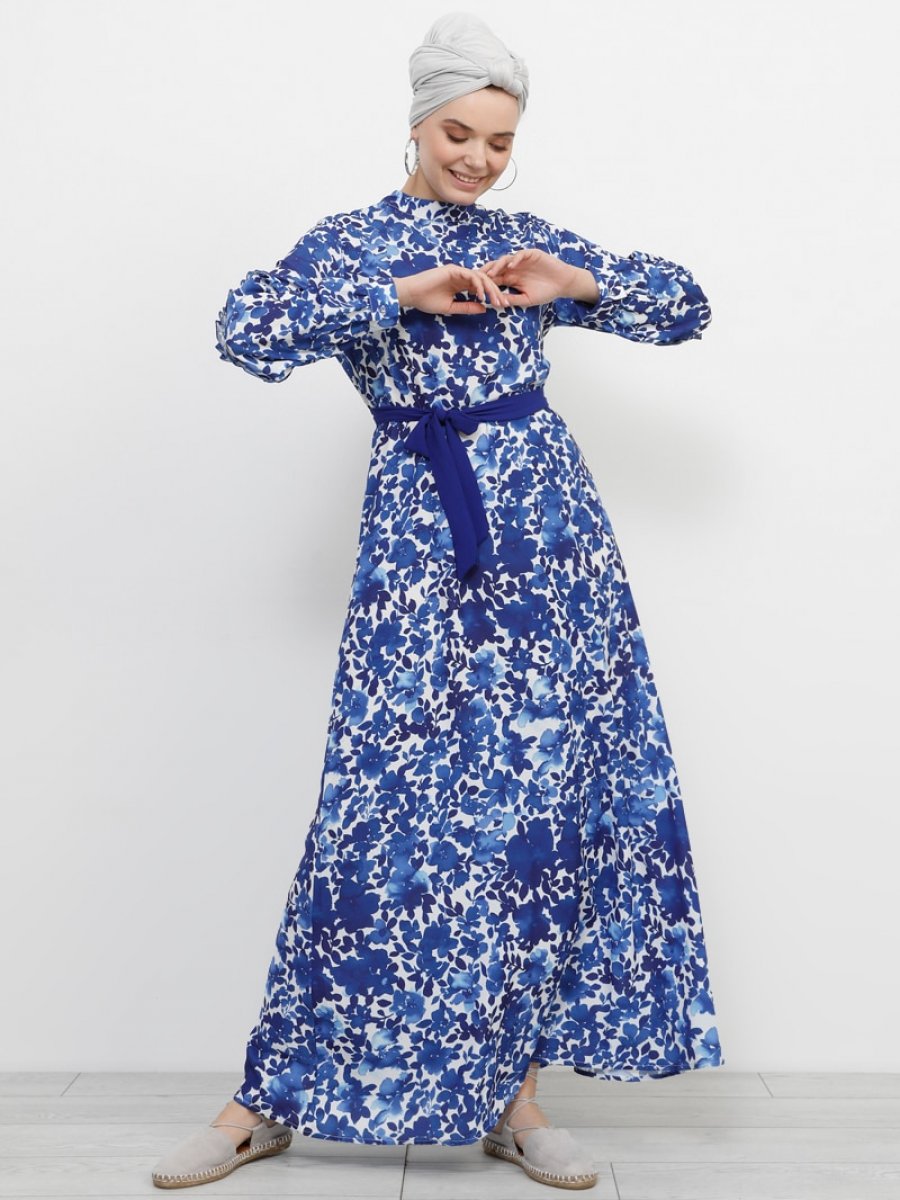 Refka Kolları Fırfır Detaylı Çiçekli Saks Elbise | Ehl-i Tesettür