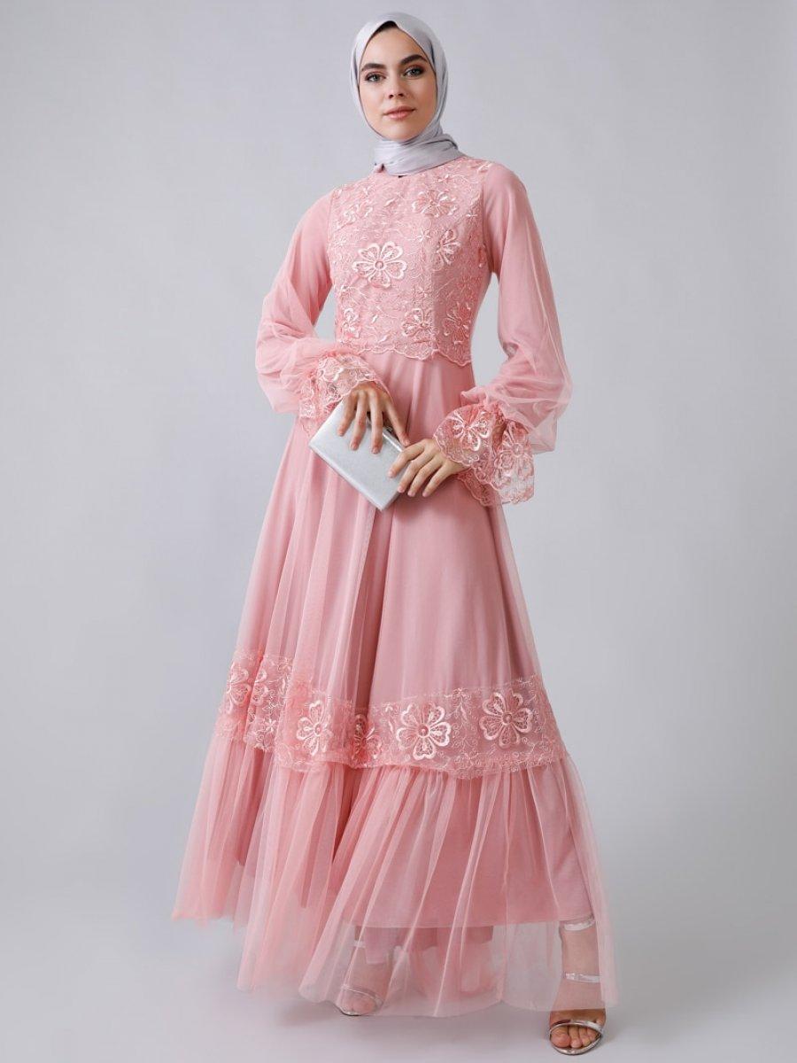 Refka Tüllü Dantelli Pembe Abiye Elbise | Ehl-i Tesettür