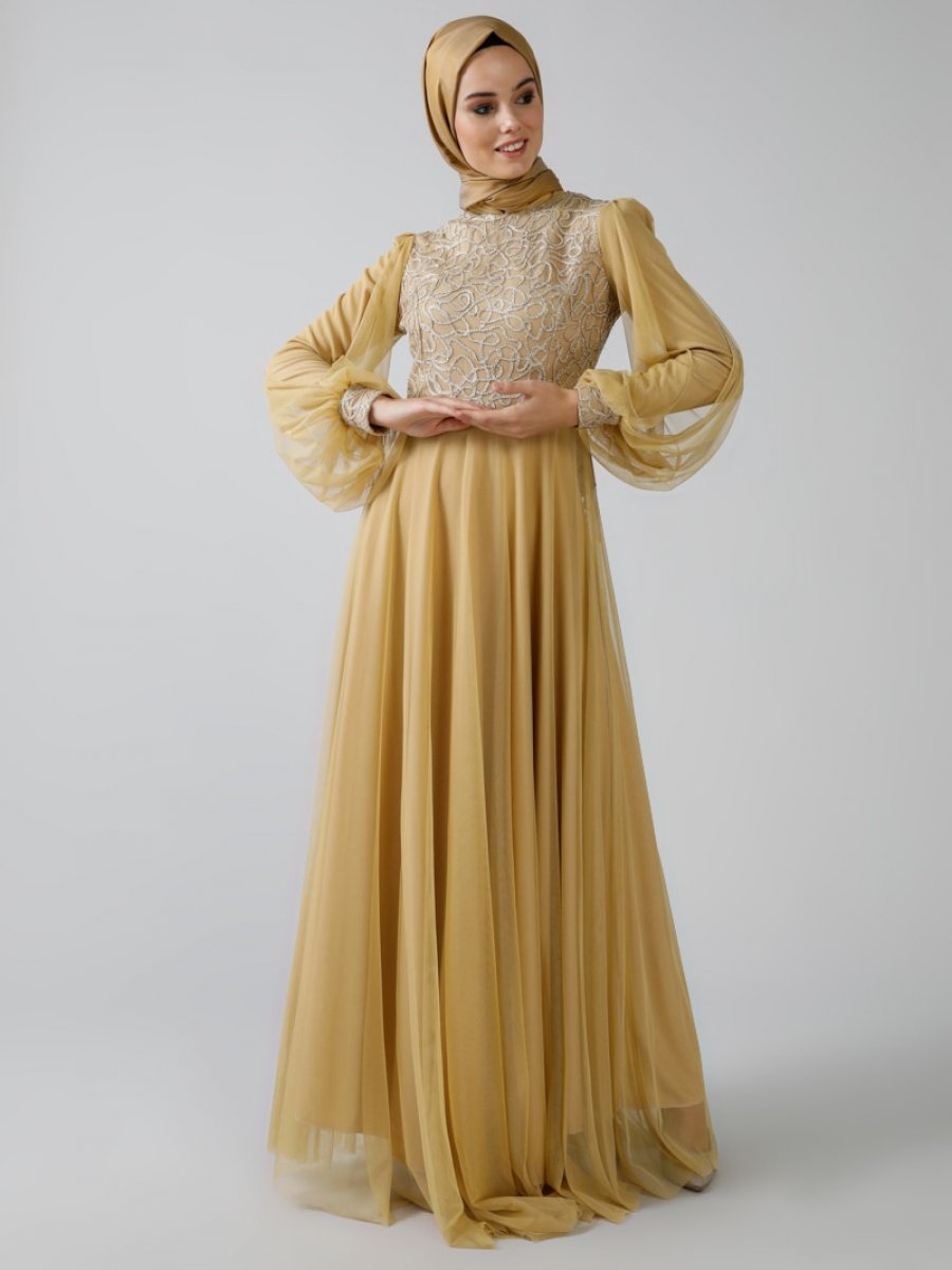 Refka Tüllü Gold Abiye Elbise | Ehl-i Tesettür