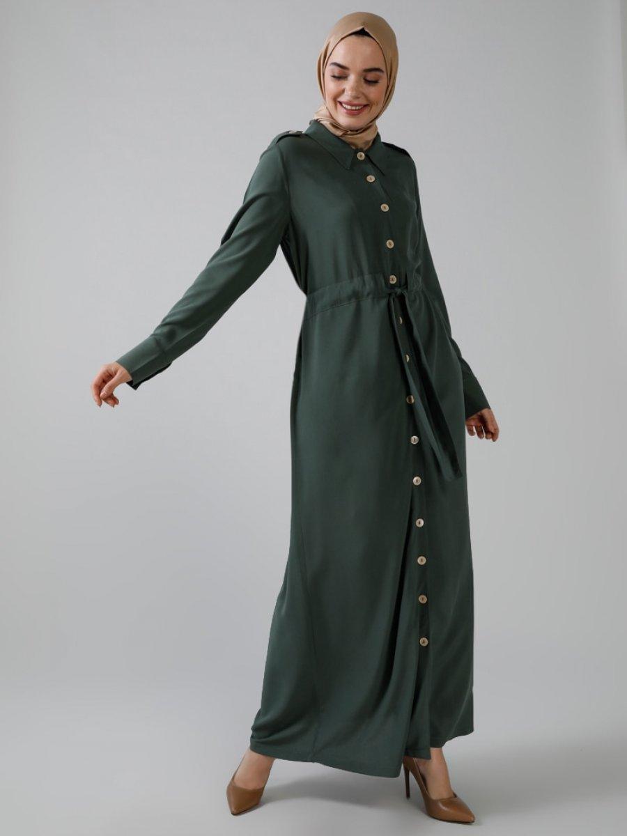 Refka Doğal Kumaşlı Boydan Düğmeli Haki Elbise | Ehl-i Tesettür