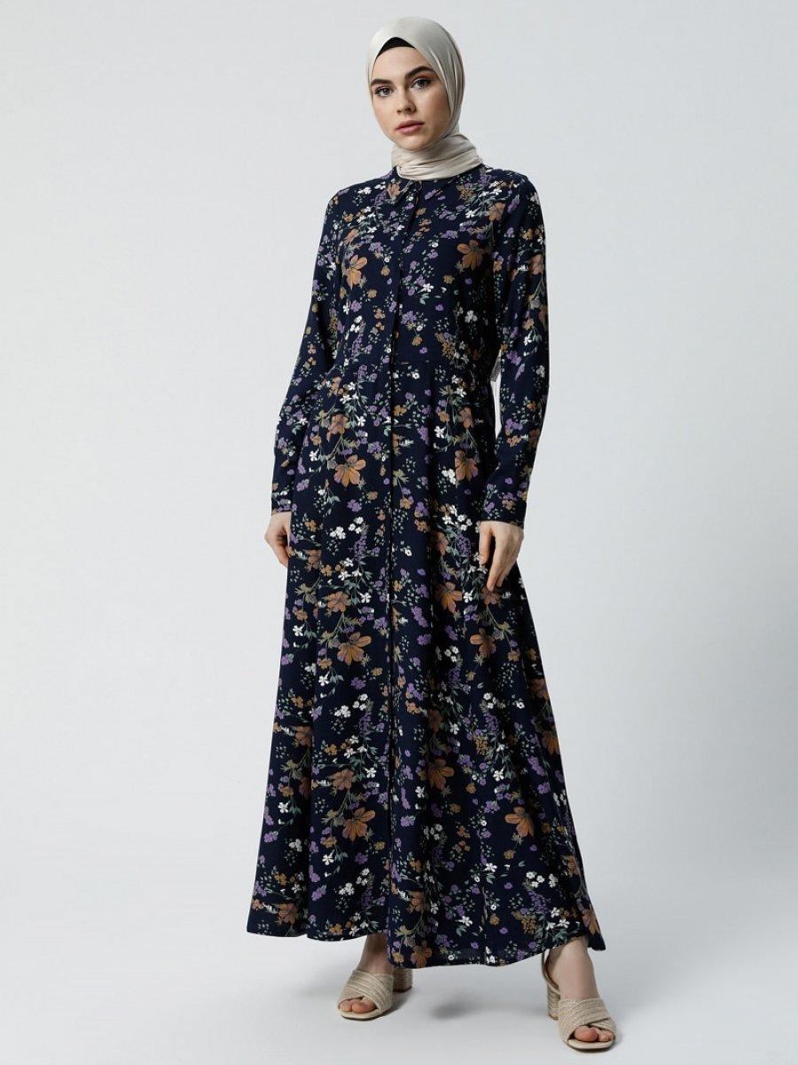 Refka Doğal Kumaşlı Gizli Düğmeli Lacivert Elbise | Ehl-i Tesettür