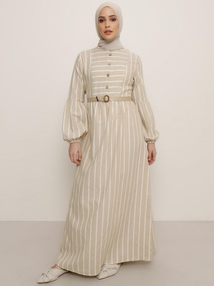 Refka Çizgi Desenli Vizon Elbise | Ehl-i Tesettür