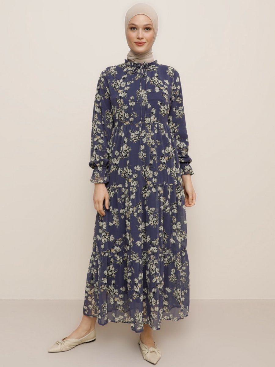 Refka Çiçek Desenli Mor Elbise | Ehl-i Tesettür