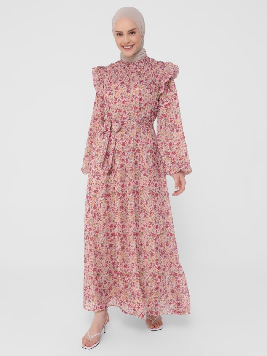 Refka Fırfır Ve Gipe Detaylı Yoryo Şifon Pembe Elbise | Ehl-i Tesettür