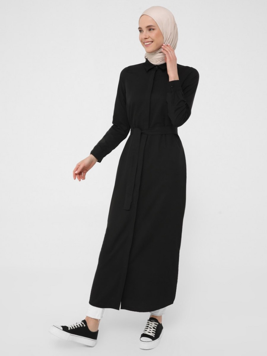 Refka Oxford Kumaştan Gizli Düğmeli Uzun Gömlek Siyah Elbise | Ehl-i ...