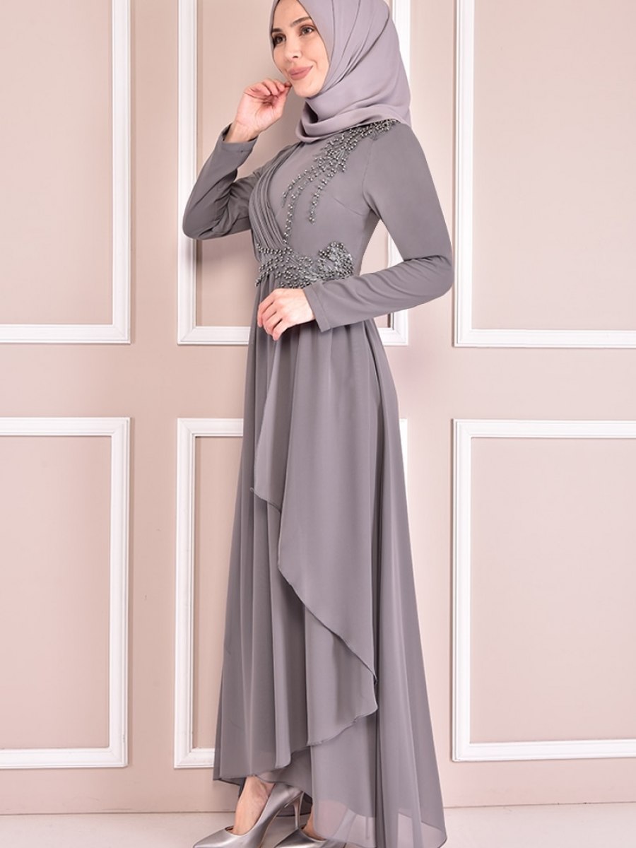 Moda Merve İnci Detay Gri Abiye Elbise | Ehl-i Tesettür