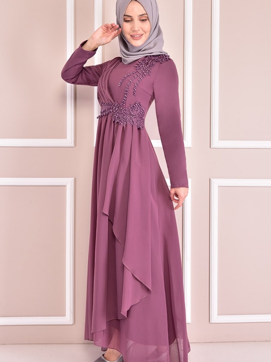 Moda Merve İnci Detay Gül Kurusu Abiye Elbise | Ehl-i Tesettür