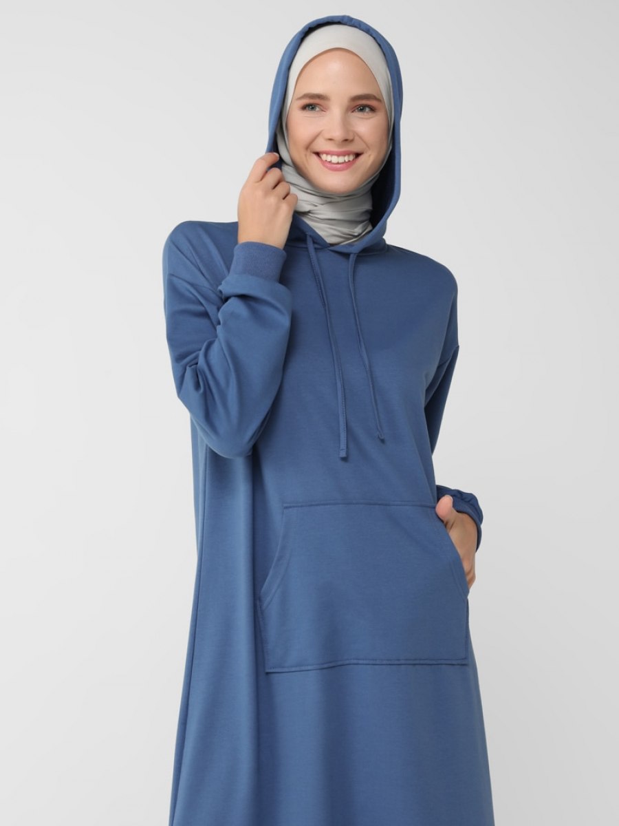Refka Kanguru Cepli Kapüşonlu Açık Lacivert Elbise | Ehl-i Tesettür