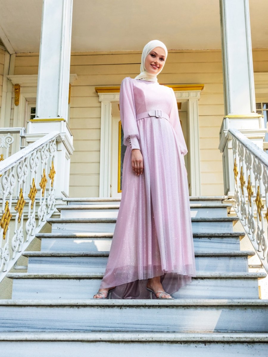 Refka Simli Kemerli Derin Pembe Abiye Elbise | Ehl-i Tesettür
