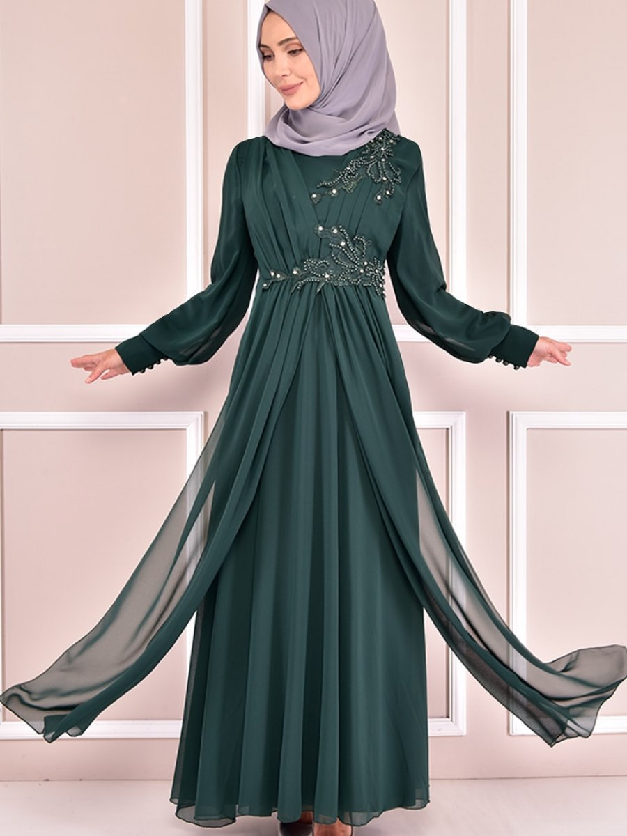 Moda Merve İnci Detay Zümrüt Yeşili Abiye Elbise | Ehl-i Tesettür