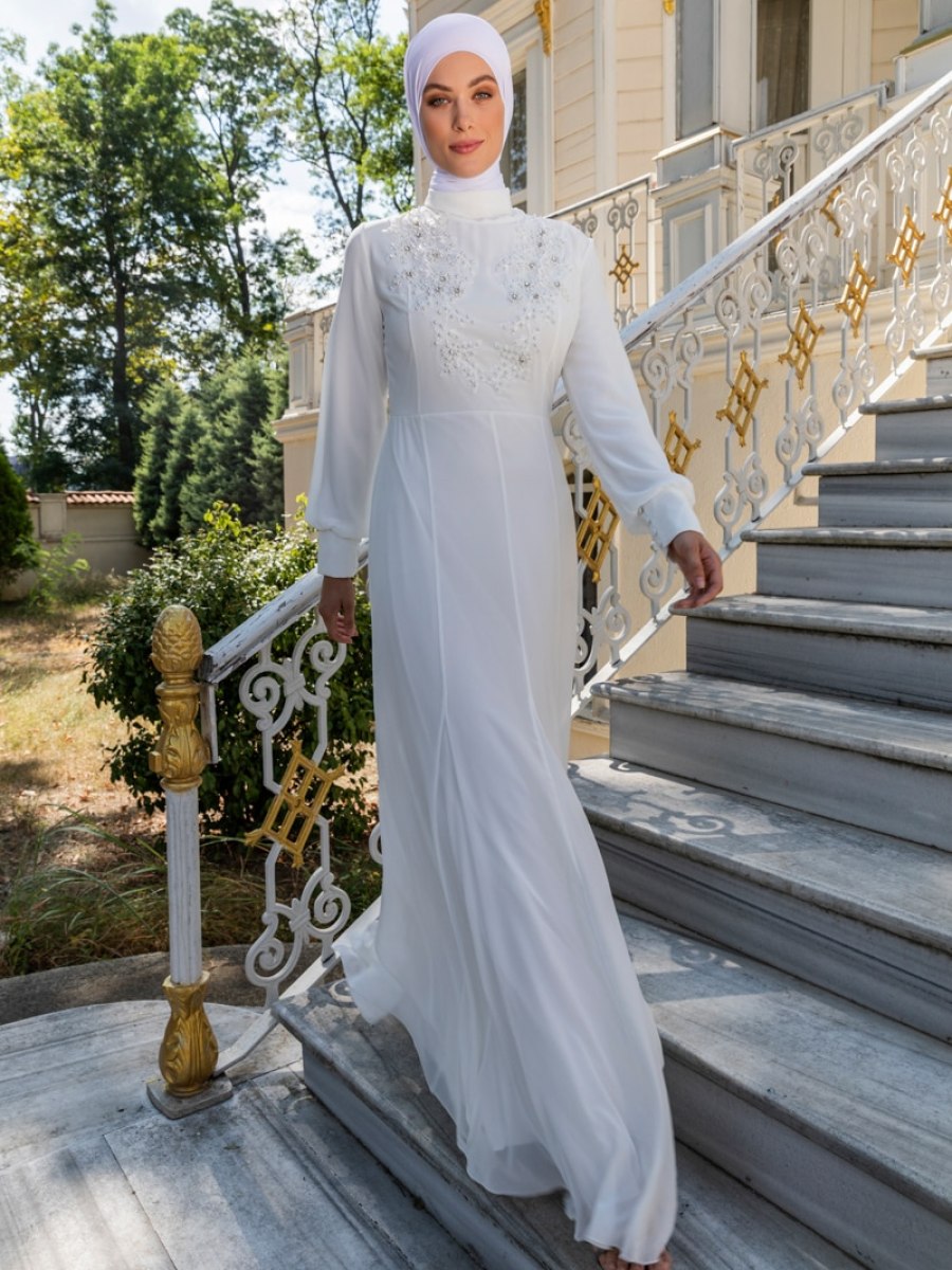 Refka Boncuk Detaylı Off White Abiye Elbise | Ehl-i Tesettür