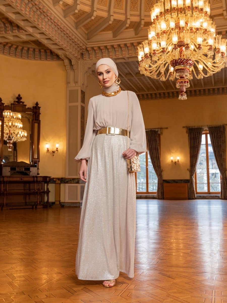 Refka Balon Kollu Simli Bej Abiye Elbise | Ehl-i Tesettür