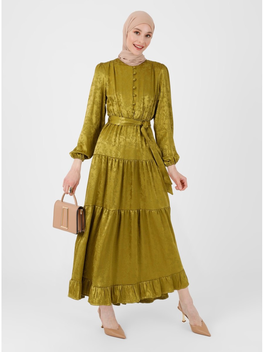 Refka Brit Düğmeli Jakarlı Saten Yağ Yeşili Elbise | Ehl-i Tesettür