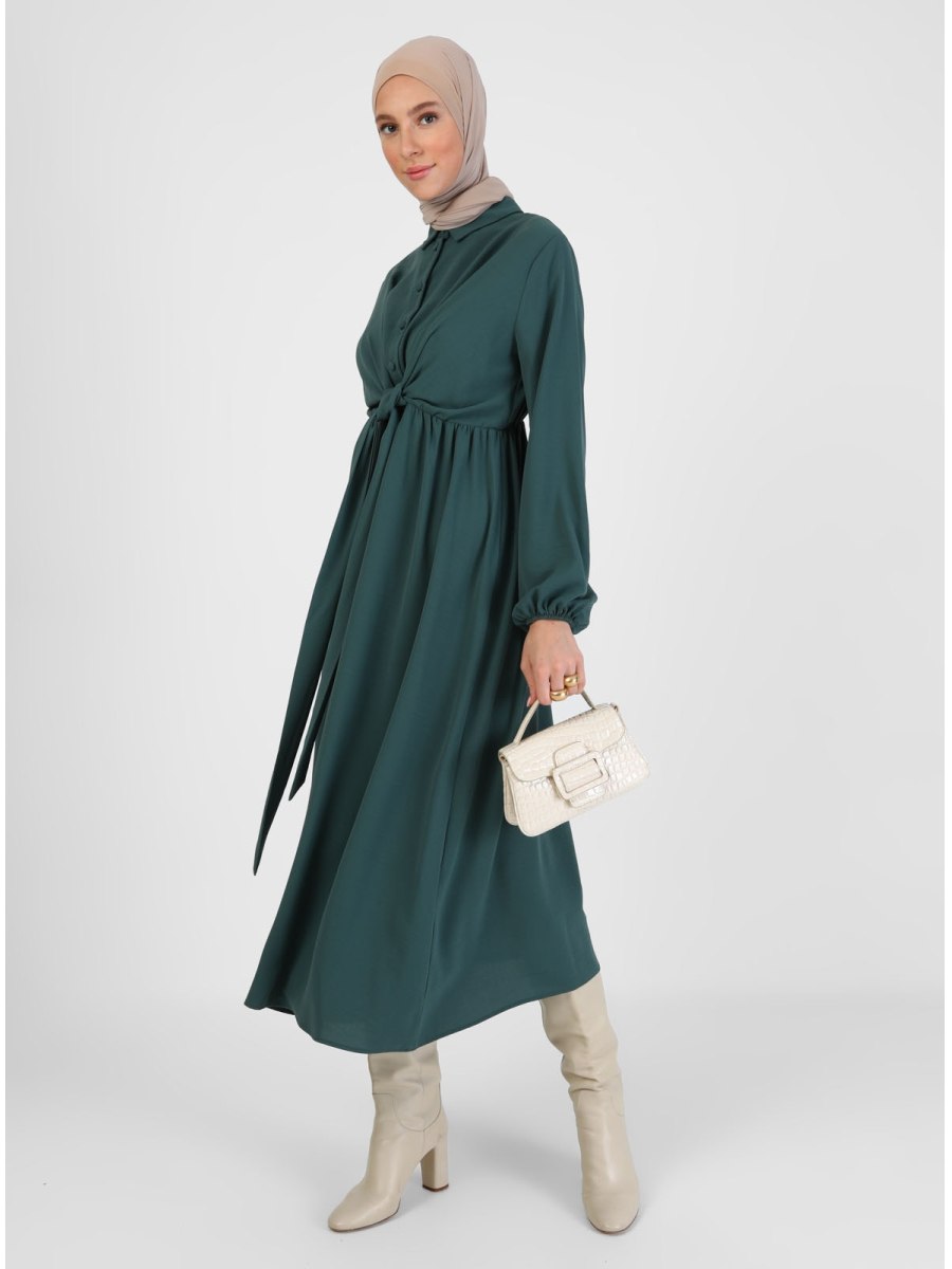 Refka Bağlama Detaylı Koyu Zümrüt Yeşili Elbise | Ehl-i Tesettür