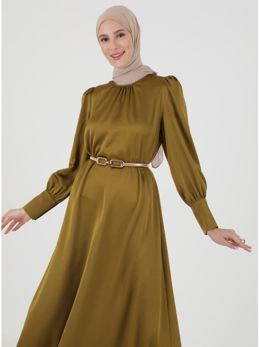 Refka Saten Kuşaklı Zeytin Yeşili Elbise | Ehl-i Tesettür