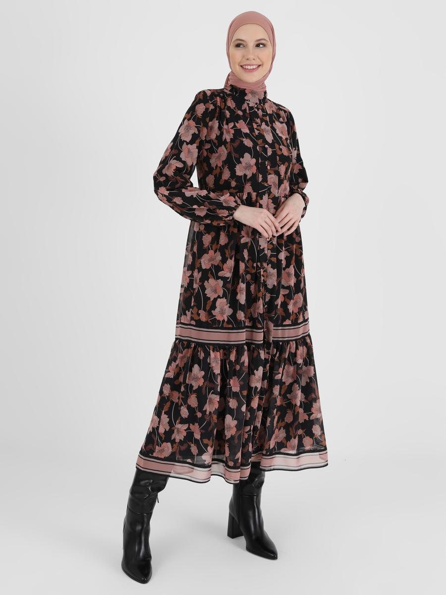 Refka Şifon Çiçek Desenli Kahverengi Elbise | Ehl-i Tesettür