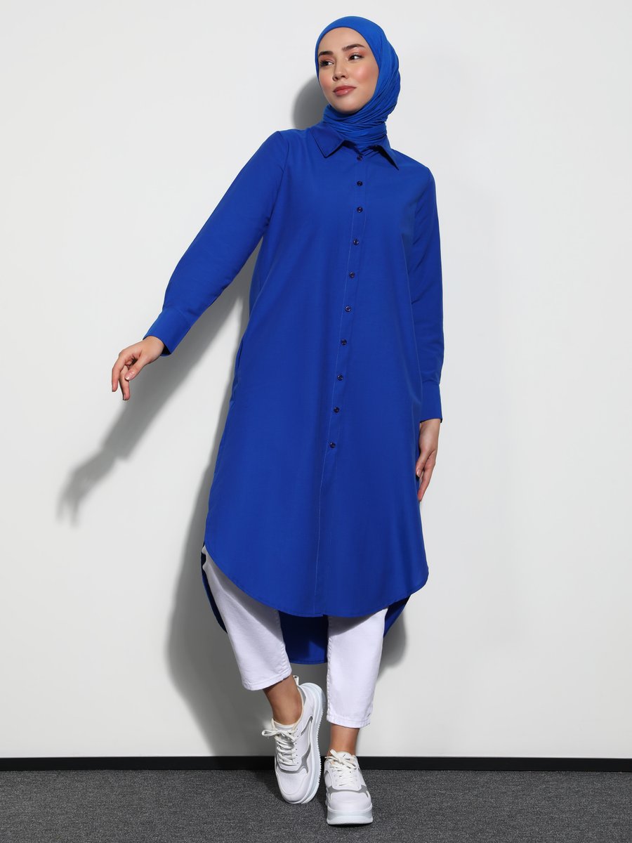 Refka Poplin Boydan Düğmeli Uzun İndigo Tunik | Ehl-i Tesettür