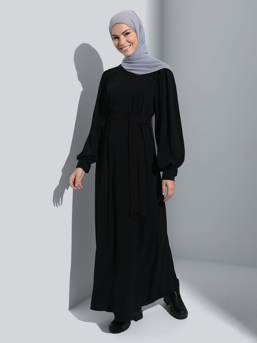 Refka Aerobin Kol Detaylı Ve Kuşaklı Siyah Elbise | Ehl-i Tesettür