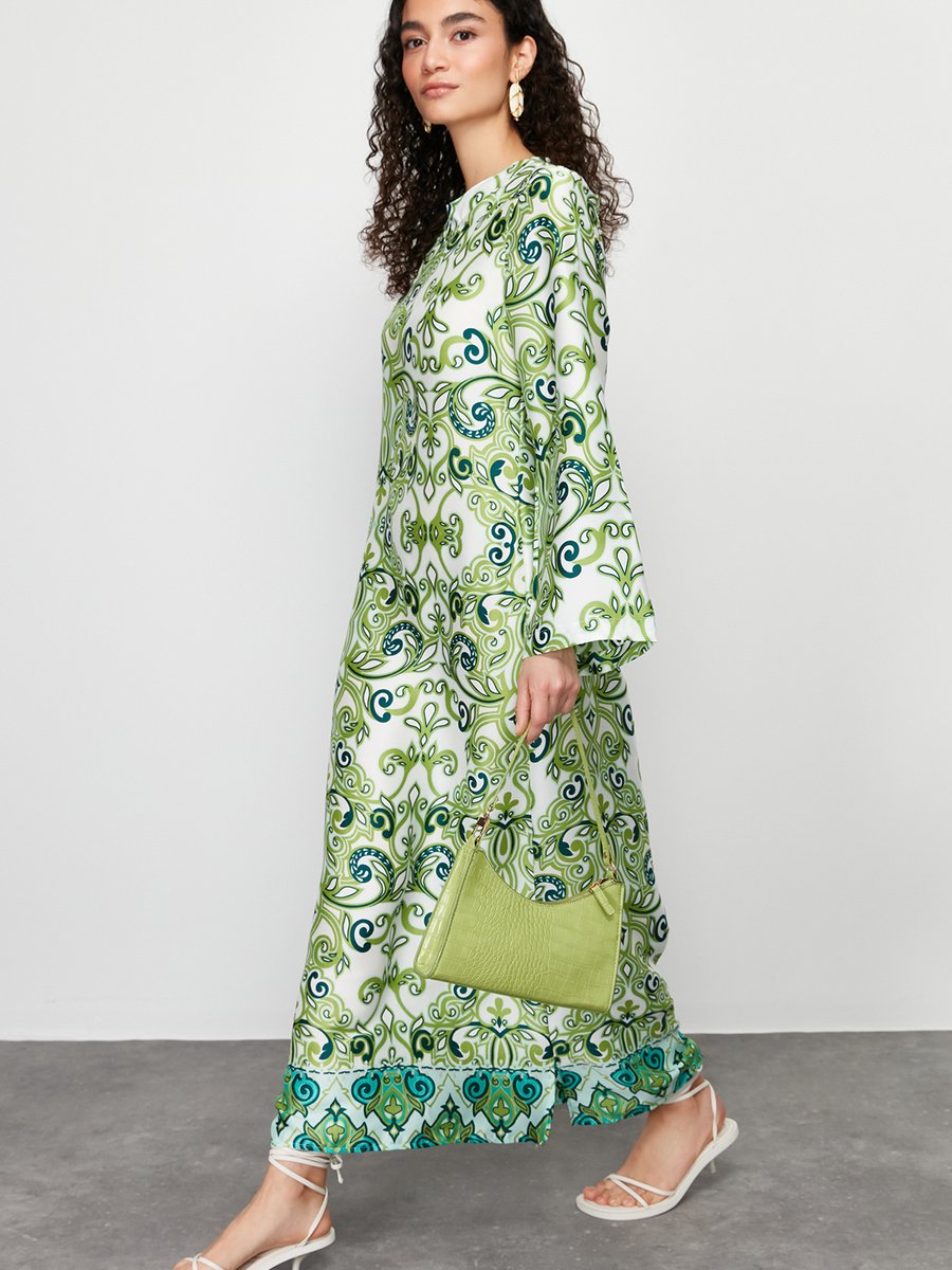 Trendyol Modest Yeşil Saten Yüzeyli Etnik Desenli Abiye Elbise ...