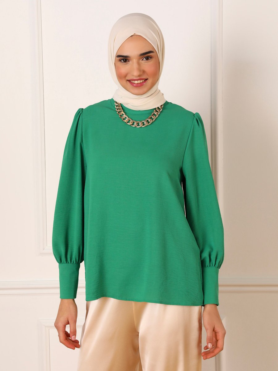 Refka Aerobin Düğme Detaylı Balon Kollu Şık Çimen Yeşili Bluz | Ehl-i ...