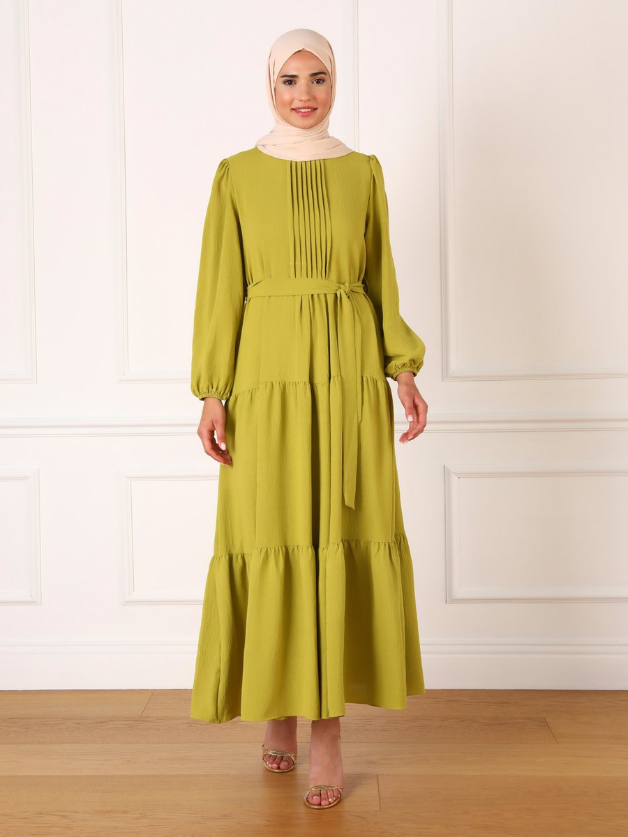 Refka Nervür Detaylı Kuşaklı Aerobin Yağ Yeşili Elbise | Ehl-i Tesettür
