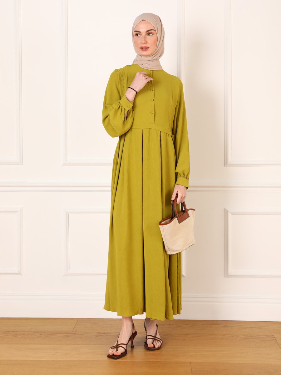Refka Bağlama Detaylı Brit Düğmeli Yağ Yeşili Elbise | Ehl-i Tesettür