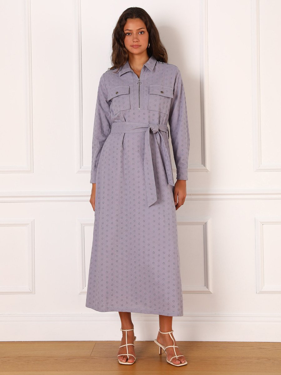 Refka Fisto Nakışlı Cep Detaylı Koyu Leylak Elbise | Ehl-i Tesettür