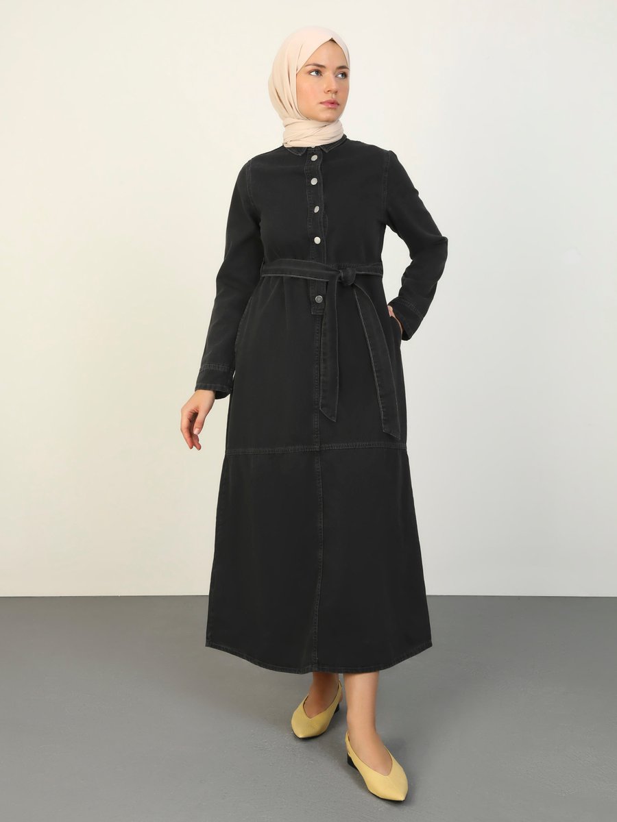 Refka Kuşaklı Düğme Detaylı Kot Koyu Gri Elbise | Ehl-i Tesettür