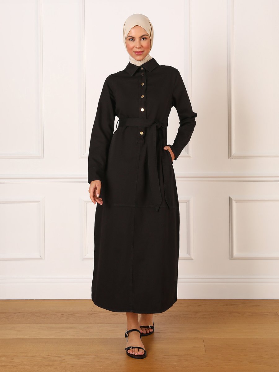 Refka Kuşaklı Düğme Detaylı Kot Siyah Elbise | Ehl-i Tesettür